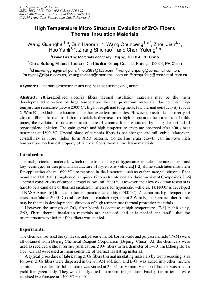 High Temperature Micro Structural Evolution of ZrO2 Fibers Thermal ...