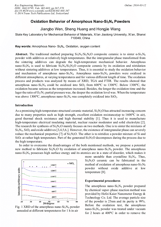 Oxidation Behavior of Amorphous Nano-Si3N4 Powders | Scientific.Net