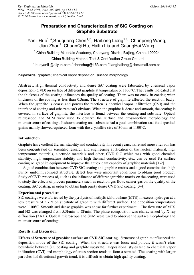 Preparation and Characterization of SiC Coating on Graphite Substrate ...