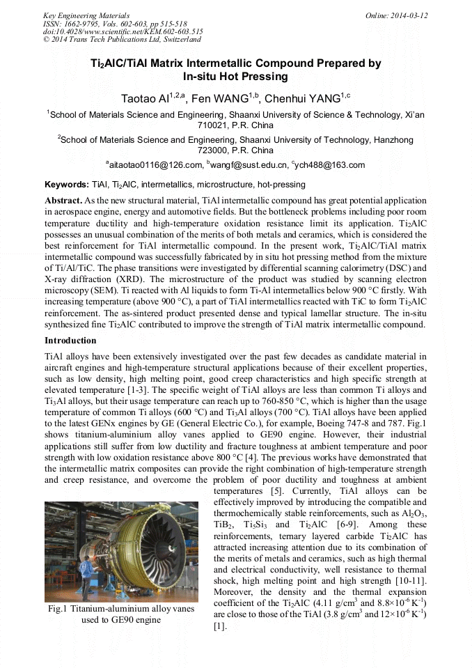 Ti2AlC/TiAl Matrix Intermetallic Compound Prepared by In Situ Hot ...