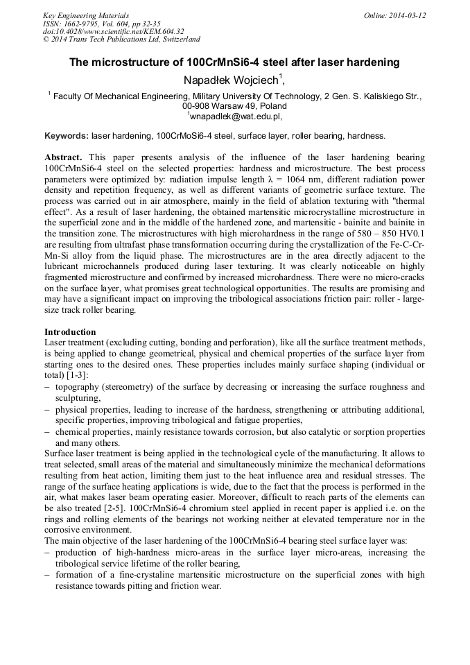 The Microstructure of 100CrMnSi6-4 Steel after Laser Hardening ...