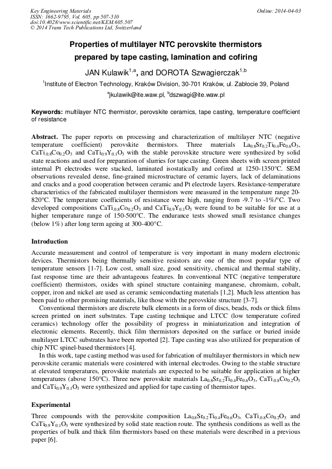 Properties of Multilayer NTC Perovskite Thermistors Prepared by Tape ...