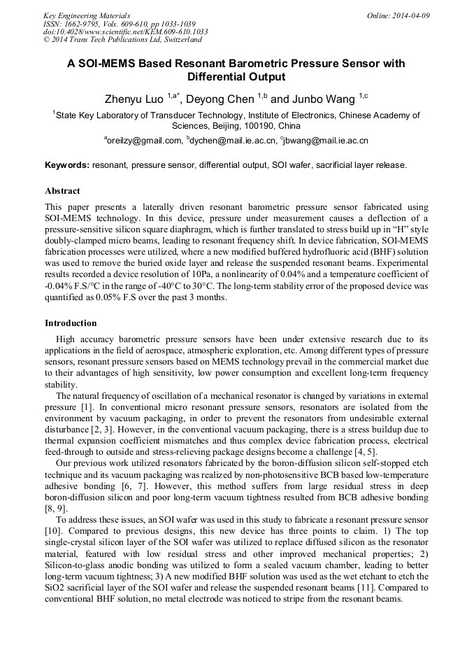 A SOI-MEMS Based Resonant Barometric Pressure Sensor with Differential ...