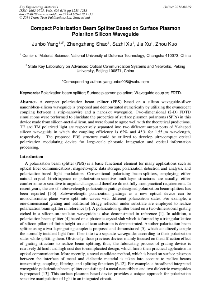 Compact Polarization Beam Splitter Based on Surface Plasmon Polariton ...