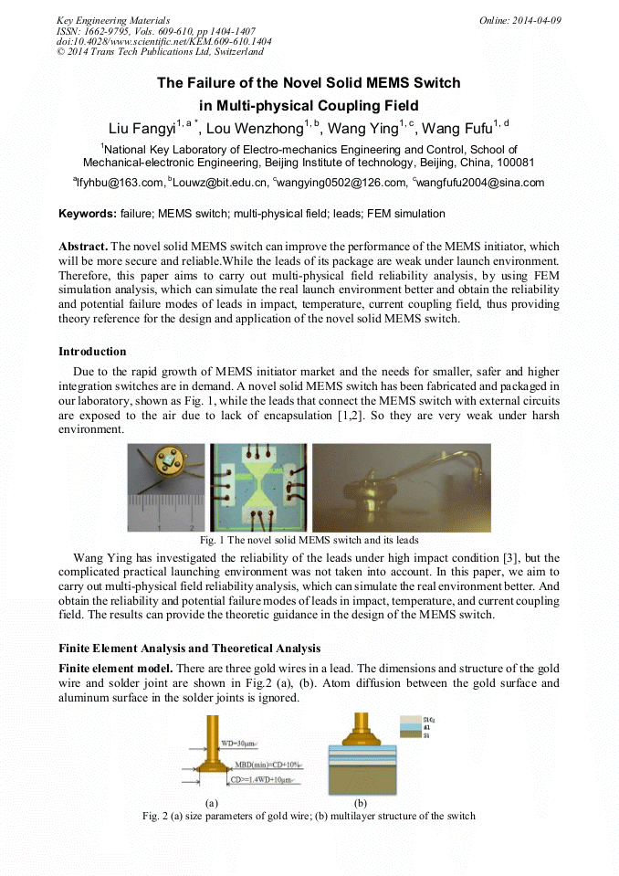 The Failure of the Novel Solid MEMS Switch in Multi-Physical Coupling ...