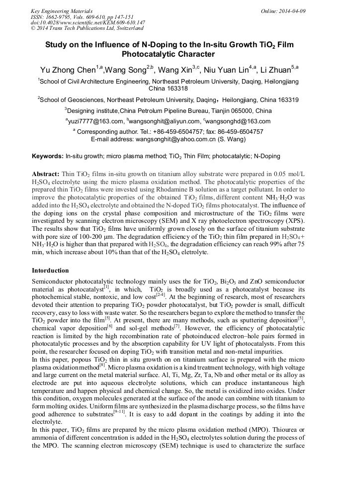 Study on the Influence of N-Doping to the In Situ Growth TiO2 Film ...