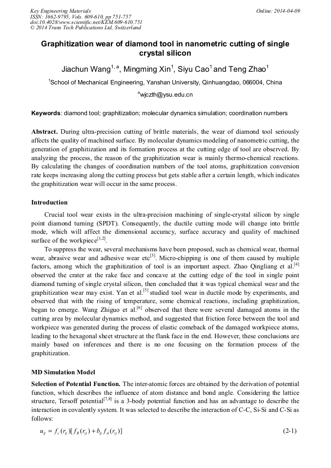 Graphitization Wear of Diamond Tool in Nanometric Cutting of Single ...