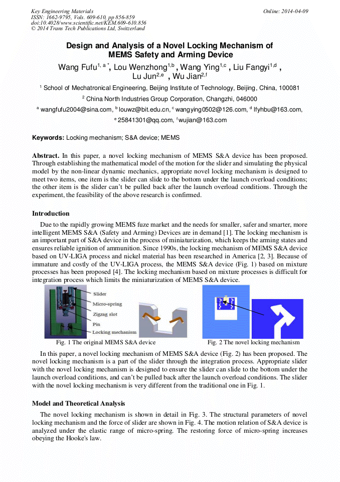 Design and Analysis of a Novel Locking Mechanism of MEMS Safety and ...