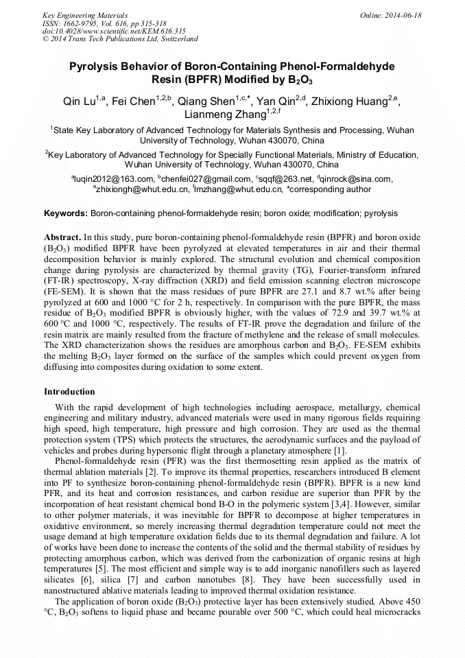 Pyrolysis Behavior of Boron-Containing Phenol-Formaldehyde Resin (BPFR ...
