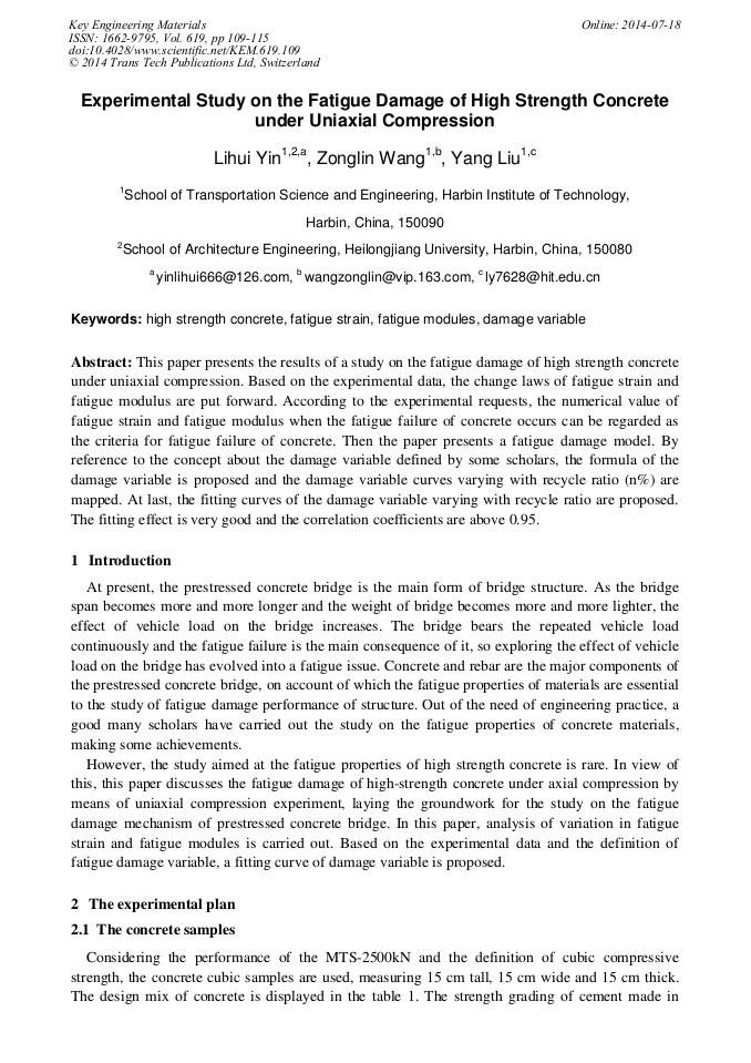 Experimental Study on the Fatigue Damage of High Strength Concrete ...