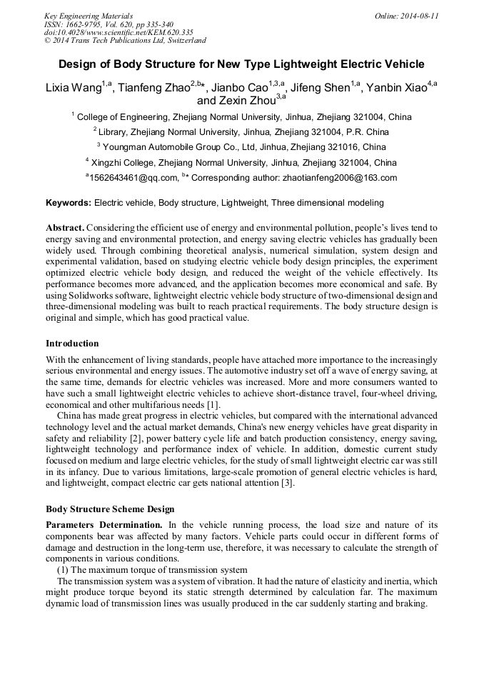 Design of Body Structure for New Type Lightweight Electric Vehicle ...