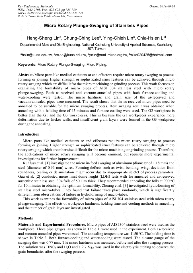 Micro Rotary Plunge-Swaging of Stainless Pipes | Scientific.Net