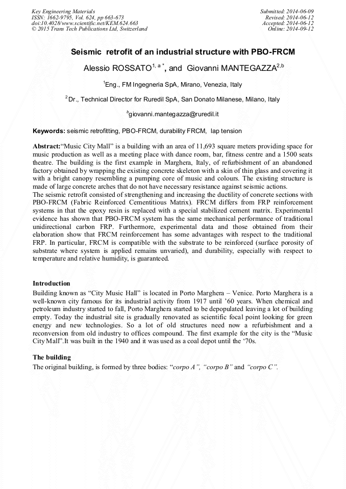Seismic Retrofit of an Industrial Structure with PBO-FRCM | Scientific.Net