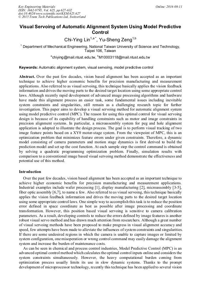 Visual Servoing of Automatic Alignment System Using Model Predictive Control | Scientific.Net
