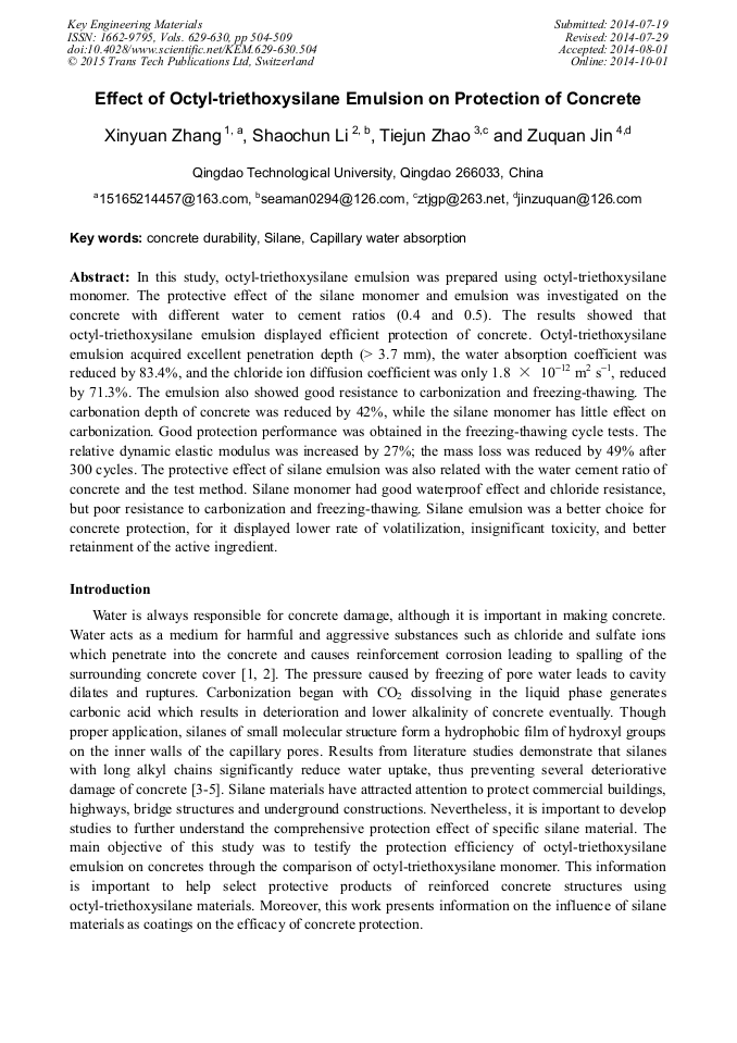 Effect of Octyl-Triethoxysilane Emulsion on Protection of Concrete ...