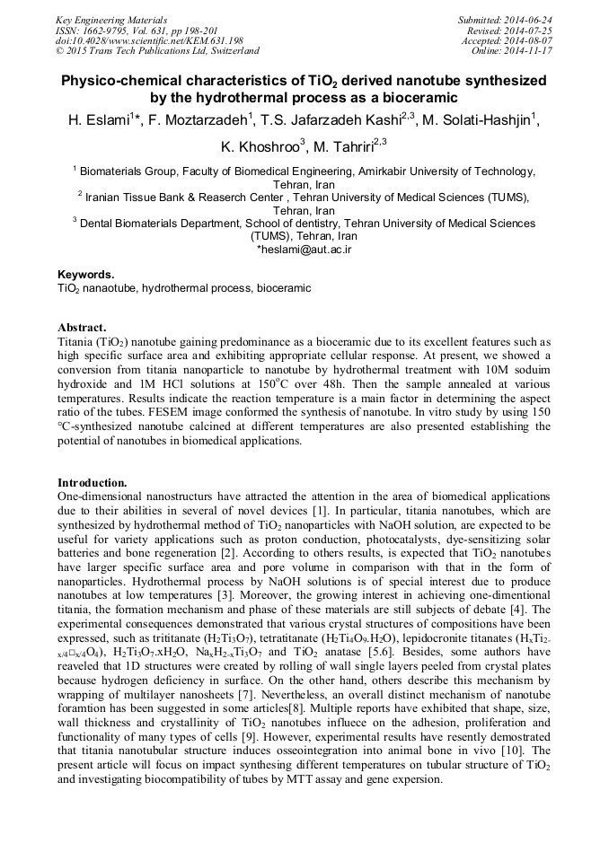 Physico-Chemical Characteristics of TiO2 Derived Nanotube Synthesized ...