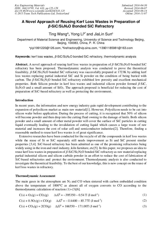 A Novel Approach of Reusing Kerf Loss Wastes in Preparation of β-SiC ...