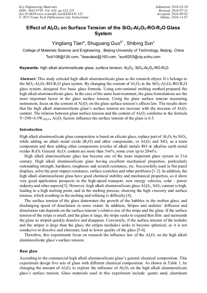 Effect of Al2O3 on Surface Tension of the SiO2-Al2O3-RO-R2O Glass ...