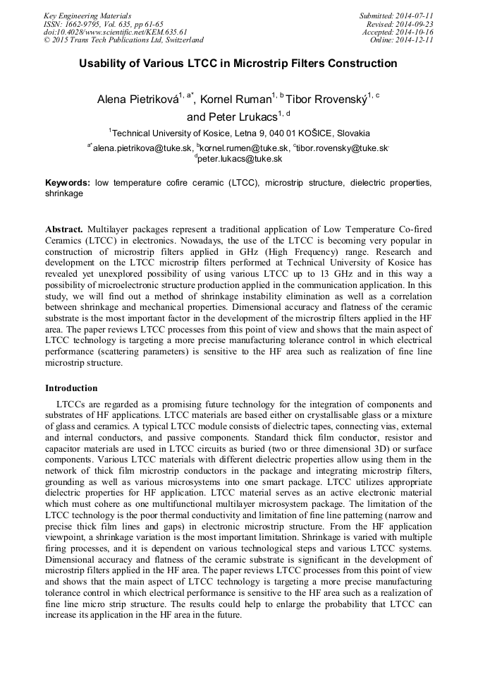 Usability of Various LTCC in Microstrip Filters Construction ...