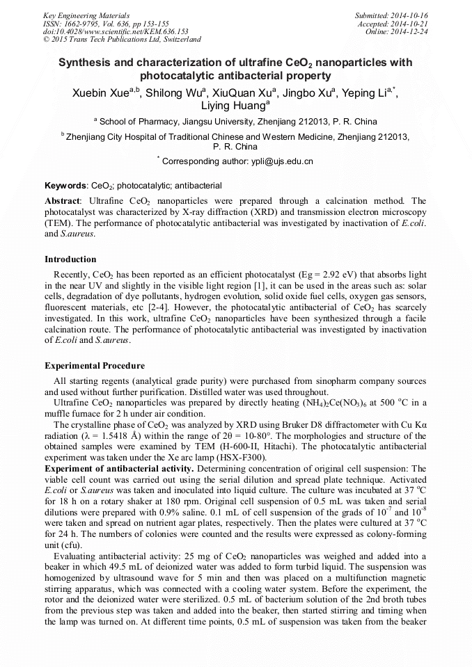 Synthesis and Characterization of Ultrafine CeO2 Nanoparticles with ...