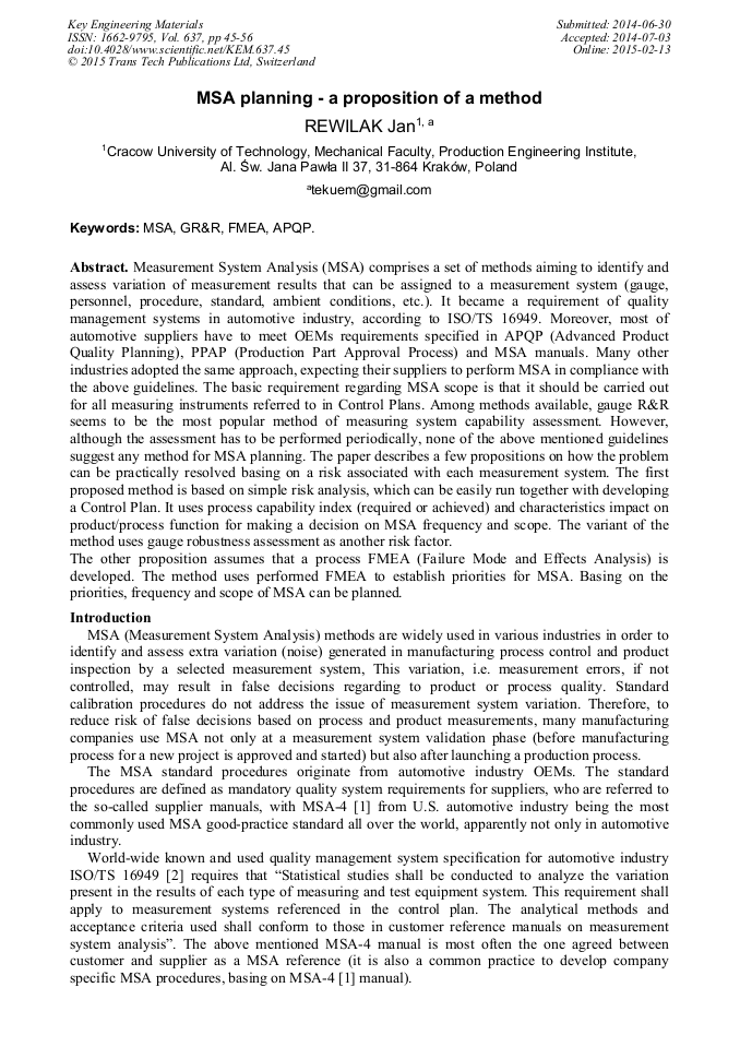 MSA Planning - A Proposition of a Method | Scientific.Net