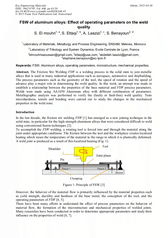 FSW of Aluminum Alloys: Effect of Operating Parameters on the Weld ...