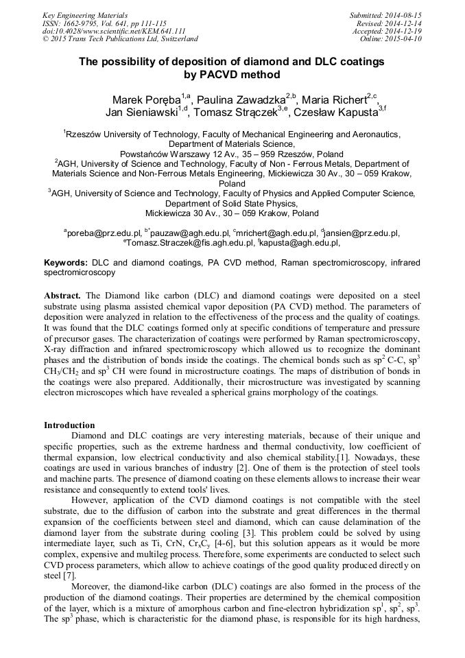 The Possibility of Deposition of Diamond and DLC Coatings by PACVD ...