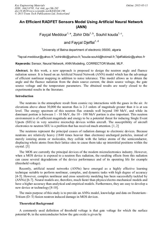 An Efficient RADFET Sensors Model Using Artificial Neural Network (ANN ...