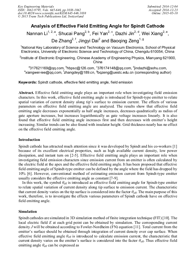 Analysis of Effective Field Emitting Angle for Spindt Cathode ...