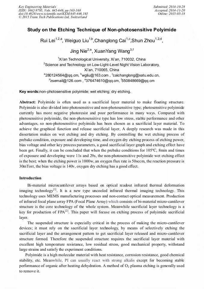 Study on the Etching Technique of Non-Photosensitive Polyimide ...