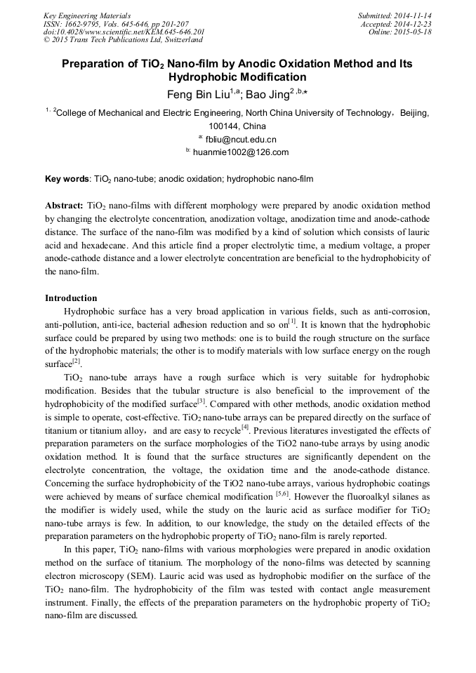 Preparation of TiO2 Nano-Film by Anodic Oxidation Method and its Hydrophobic Modification ...