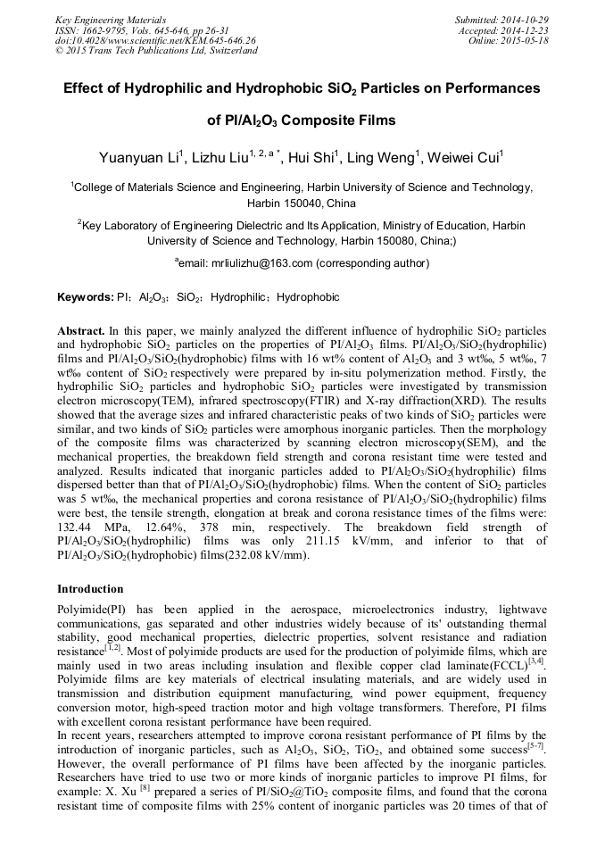 Effect of Hydrophilic and Hydrophobic SiO2 Particles on Performances of ...