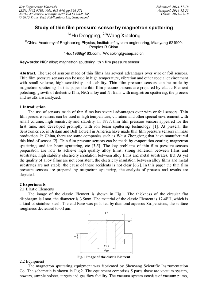 Study of Thin Film Pressure Sensor by Magnetron Sputtering | Scientific.Net