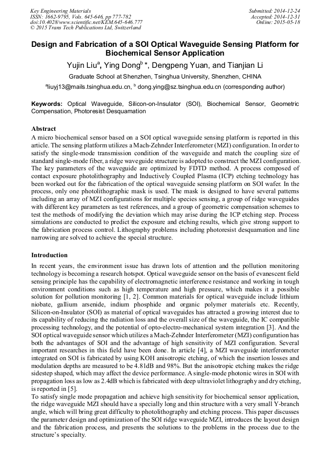 Design and Fabrication of a SOI Optical Waveguide Sensing Platform for ...