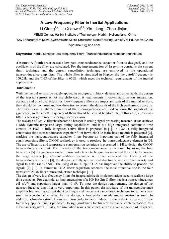 A Low-Frequency Filter in Inertial Applications | Scientific.Net
