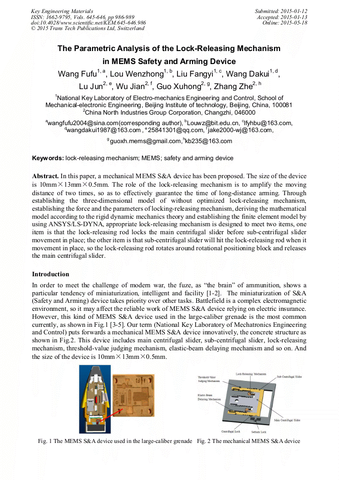 The Parametric Analysis of the Lock-Releasing Mechanism in MEMS Safety ...