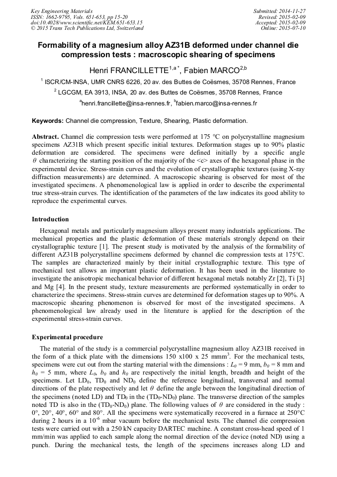 Formability of a Magnesium Alloy AZ31B Deformed under Channel Die ...