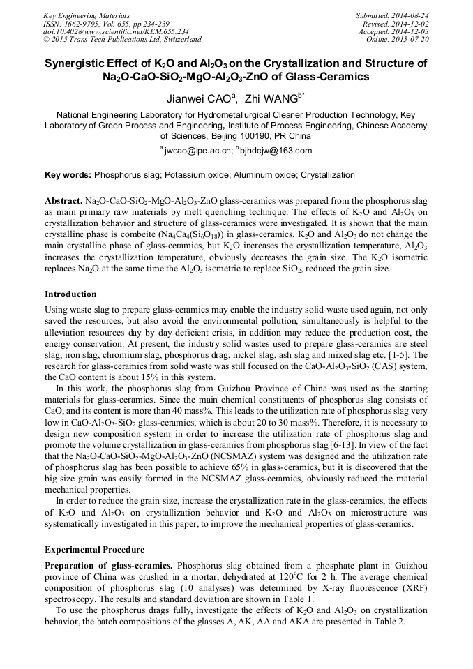 Synergistic Effect of K2O and Al2O3 on the Crystallization and Structure of Na2O-CaO-SiO2-MgO ...