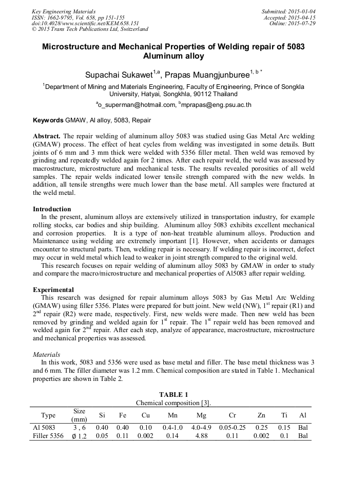 Microstructure and Mechanical Properties of Welding Repair of 5083 ...