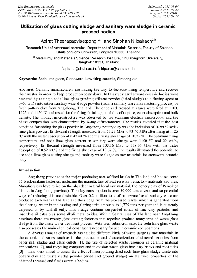 Utilization of Glass Cutting Sludge and Sanitary Ware Sludge in Ceramic ...
