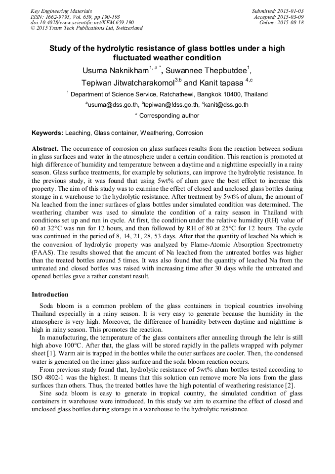 Study of the Hydrolytic Resistance of Glass Bottles under a High ...