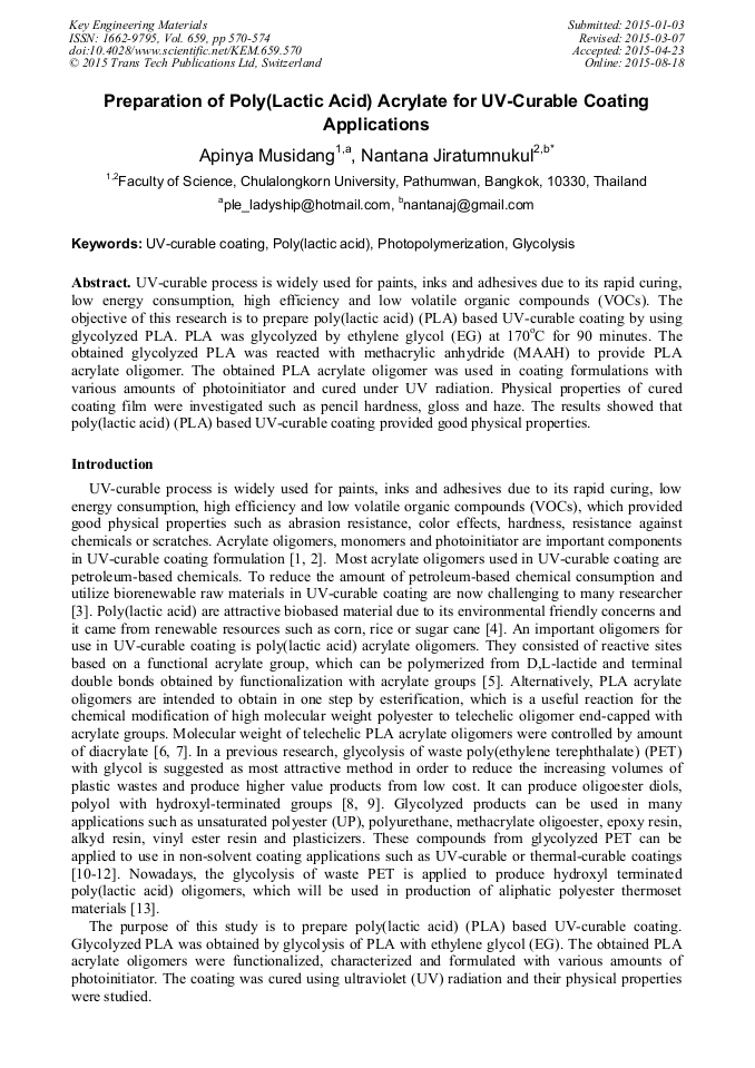 Preparation of Poly(Lactic Acid) Acrylate for UV-Curable Coating ...