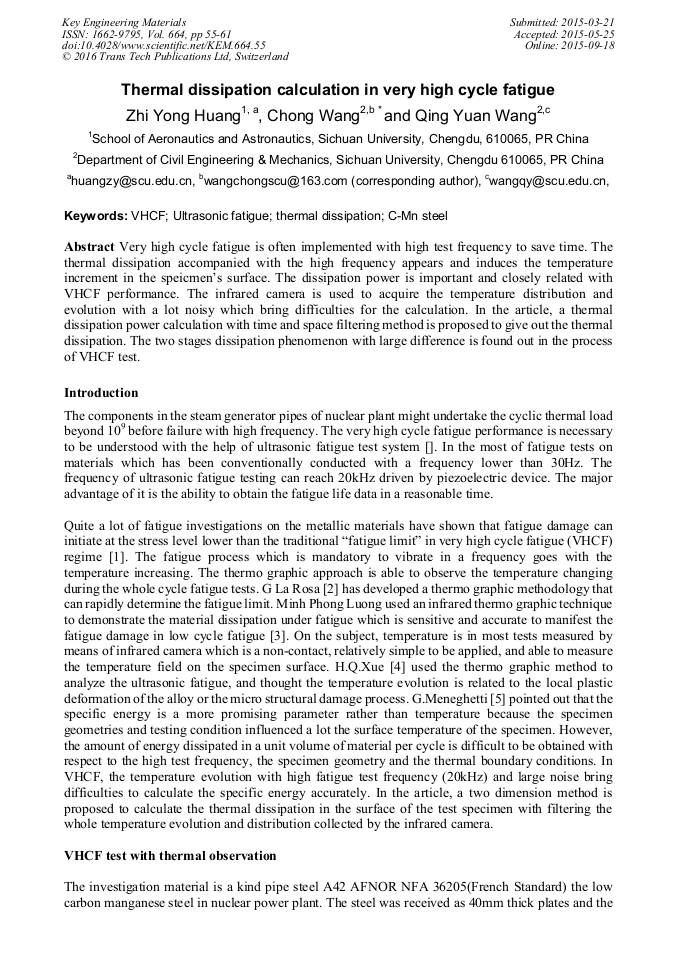 Thermal Dissipation Calculation in Very High Cycle Fatigue | Scientific.Net