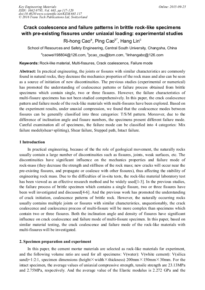 Crack Coalescence and Failure Patterns in Brittle Rock-Like Specimens ...