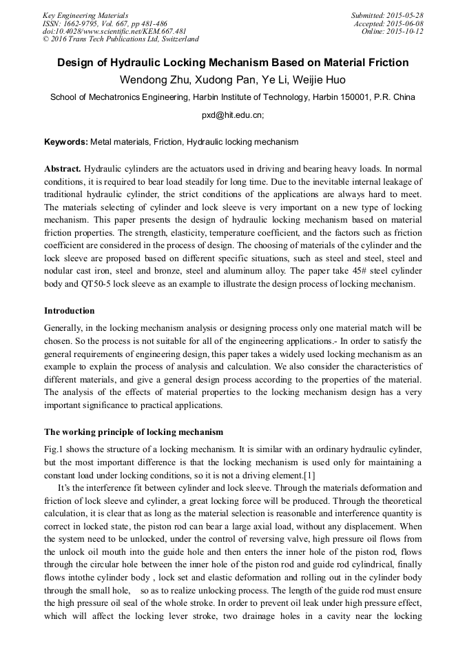 Design of Hydraulic Locking Mechanism Based on Material Friction ...