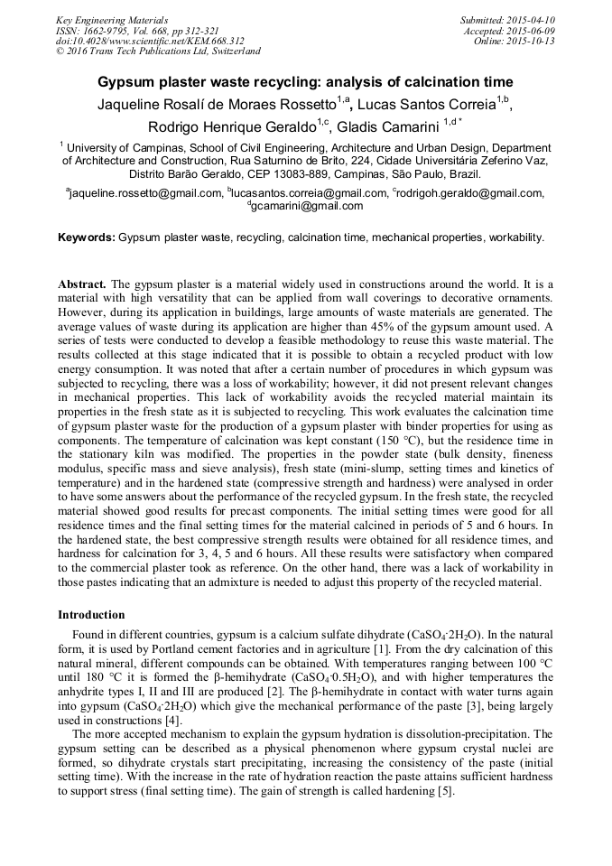 Gypsum Plaster Waste Recycling: Analysis of Calcination Time ...
