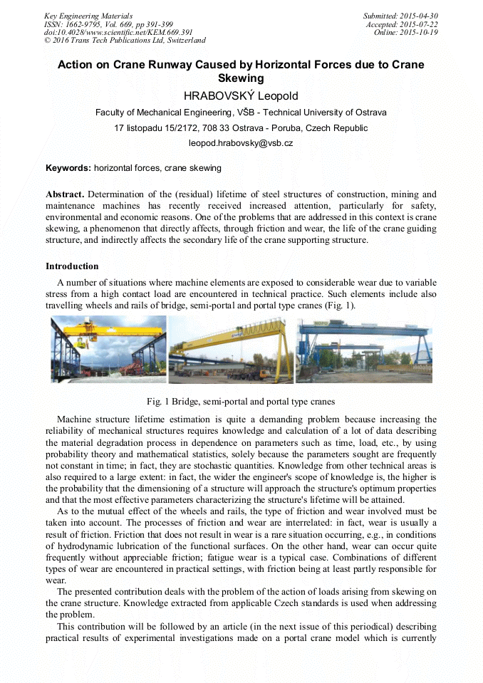 Action on Crane Runway Caused by Horizontal Forces due to Crane Skewing ...