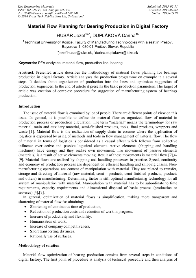 Material Flow Planning for Bearing Production in Digital Factory ...