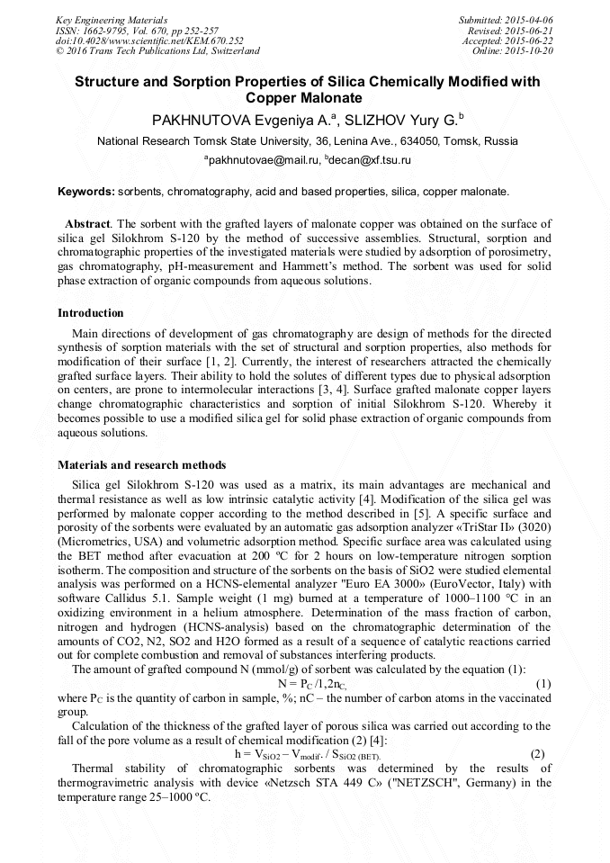 Structure and Sorption Properties of Silica Chemically Modified with ...