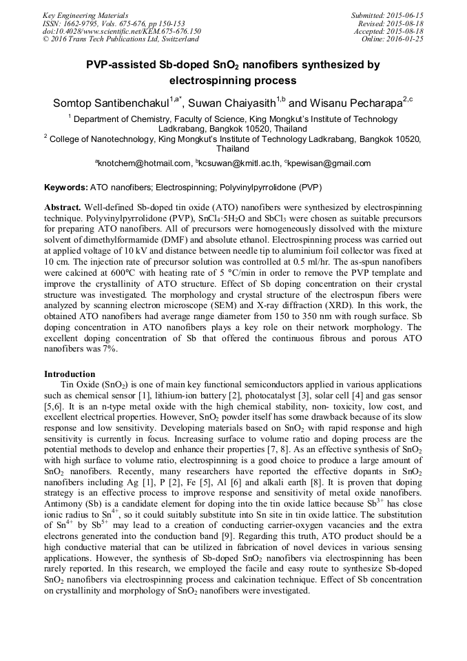 PVP-Assisted Sb-Doped SnO2 Nanofibers Synthesized by Electrospinning ...